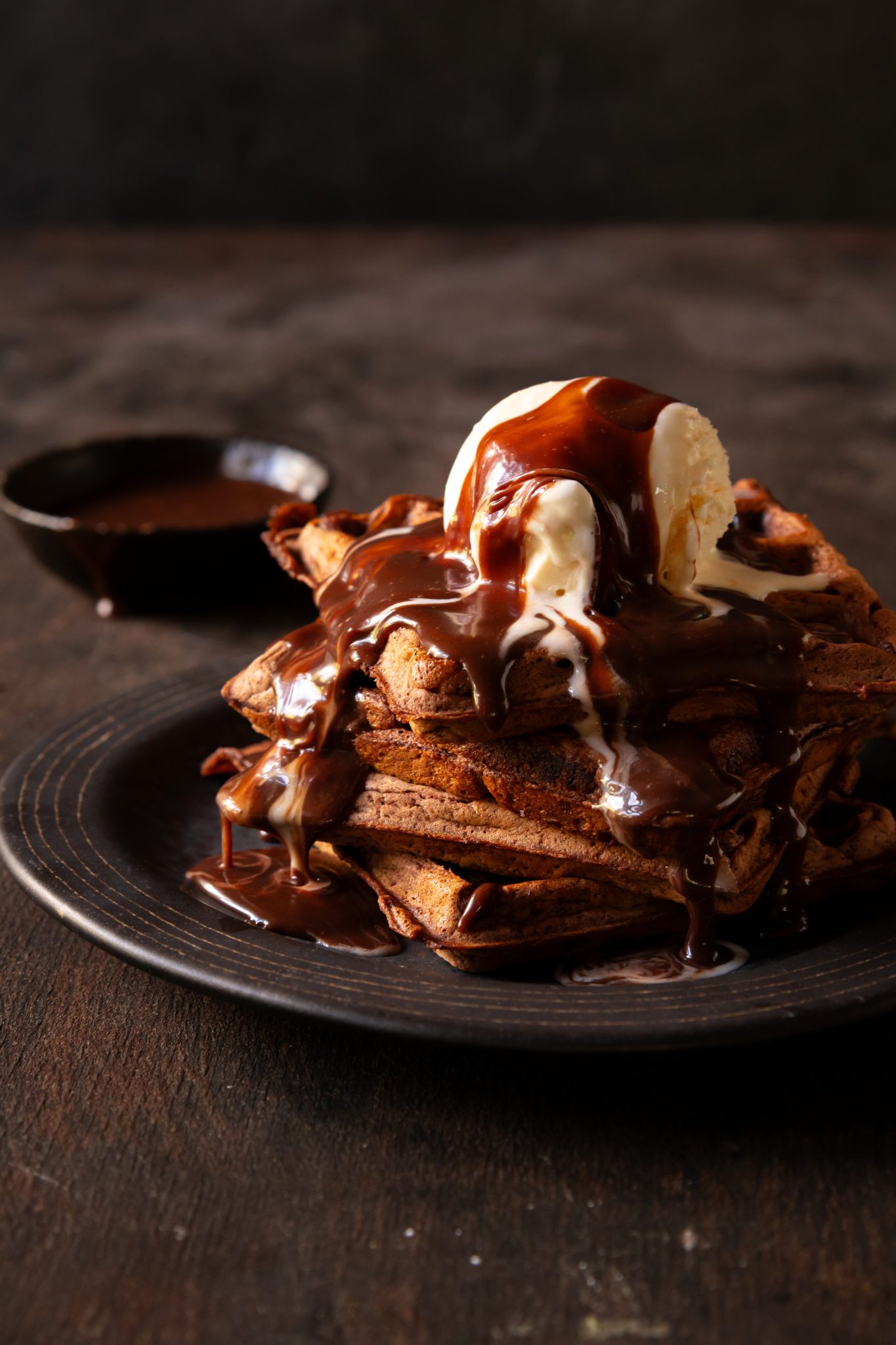 Chocolate espresso waffles with ice cream & hot fudge sauce - NOMU